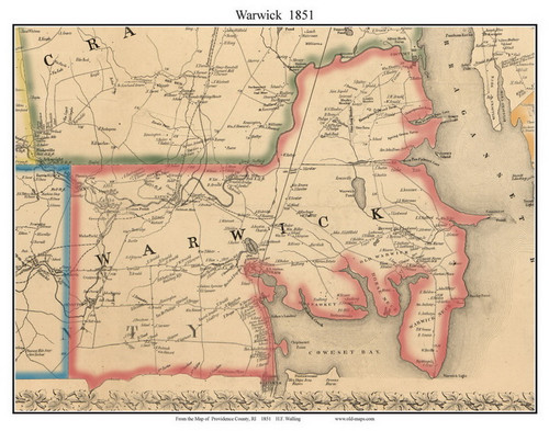 Warwick, Rhode Island 1851 - Old Town Map Custom Print - Providence Co ...