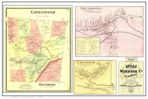Cavendish Poster Map, 1869 Old Town Map Custom Print - Windsor Co. VT ...
