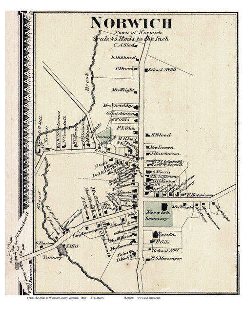 Norwich Village (Custom), Vermont 1869 Old Town Map Reprint - Windsor ...