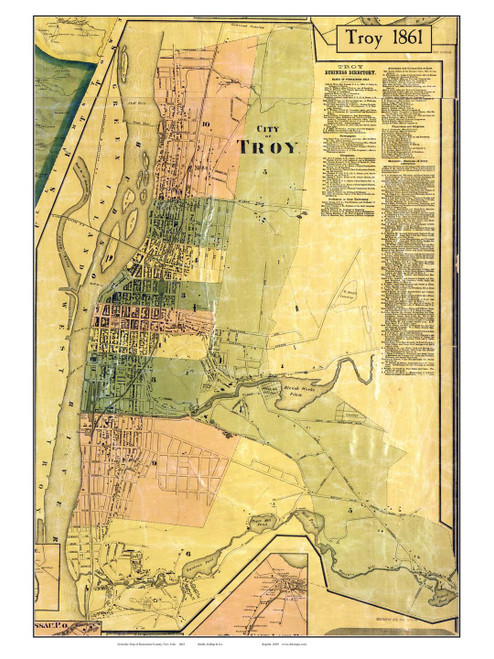 Troy City Closeup, New York 1861 Old Town Map Custom Print - Rensselaer ...