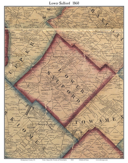 Lower Salford Township, Pennsylvania 1860 Old Town Map Custom Print ...