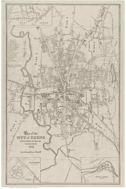 Keene 1916 Wadsworth - Old Map Reprint - New Hampshire Towns Other ...