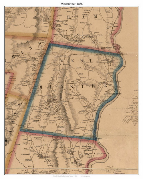 Westminster, Vermont 1856 Old Town Map Custom Print - Windham Co. - OLD ...