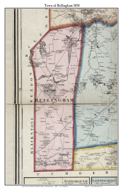 Bellingham, Massachusetts 1858 Old Town Map Custom Print - Norfolk Co ...