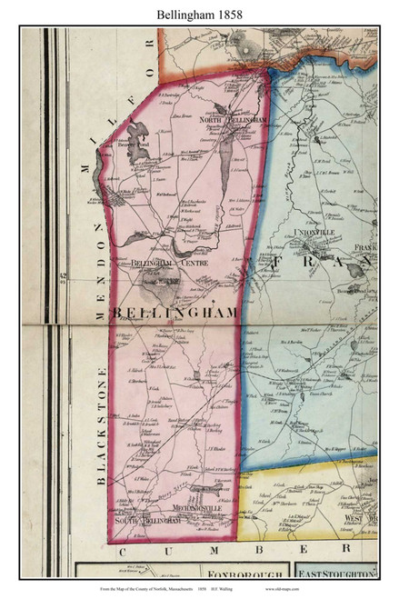 Bellingham, Massachusetts 1858 Old Town Map Custom Print - Norfolk Co ...