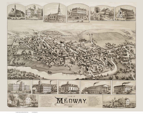 Medway, Massachusetts 1887 Bird's Eye View - Old Map Reprint BPL - OLD MAPS