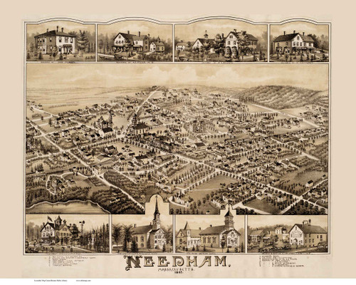 Needham, Massachusetts 1887 Bird's Eye View - Old Map Reprint BPL - OLD ...