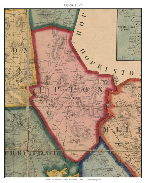 Upton Massachusetts 1857 Old Town Map Custom Print - Worcester Co ...