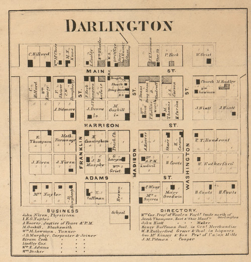 Darlington Village, Franklin, Indiana 1864 Old Town Map Custom Print ...