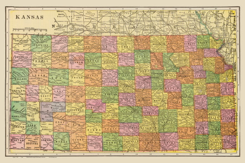 Kansas 1909 Cram - Old State Map Reprint - OLD MAPS
