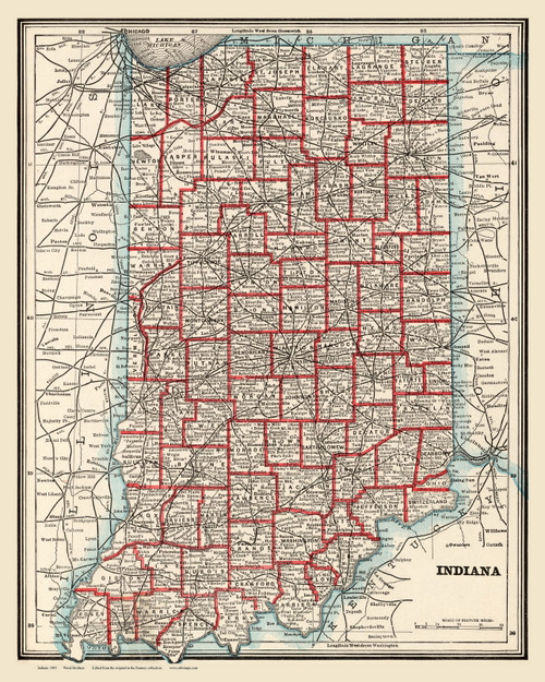 Indiana 1893 Wood Brothers - Old State Map Reprint - OLD MAPS