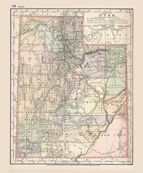 Utah 1891 Matthews-Northrup Co. - Old State Map Reprint - OLD MAPS