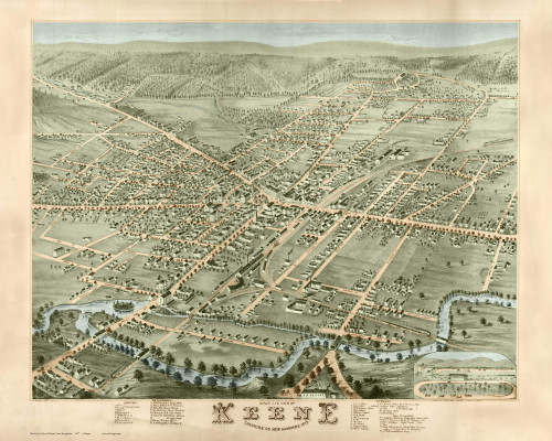 Keene, New Hampshire 1877 Bird's Eye View - Old Map Reprint - OLD MAPS