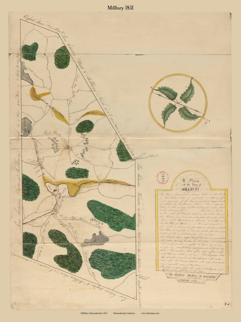 Millbury, Massachusetts 1831 Old Town Map Reprint - Roads Place Names ...