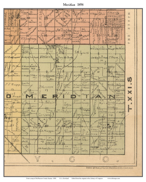 Meridian, Kansas 1898 Old Town Map Custom Print - McPherson Co - OLD MAPS