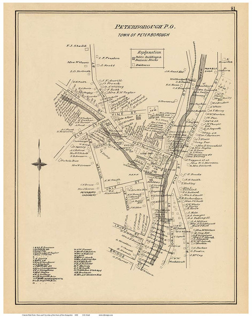 Peterborough Village, New Hampshire 1892 Old Town Map Reprint - Hurd ...