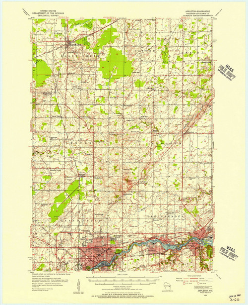 Appleton, Wisconsin 1955 (1957) USGS Old Topo Map Reprint 15x15 WI Quad ...
