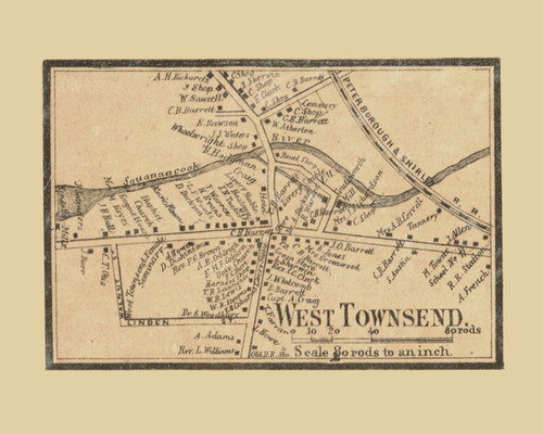 West Townsend Village - Townsend Massachusetts 1856 Old Town Map Custom ...