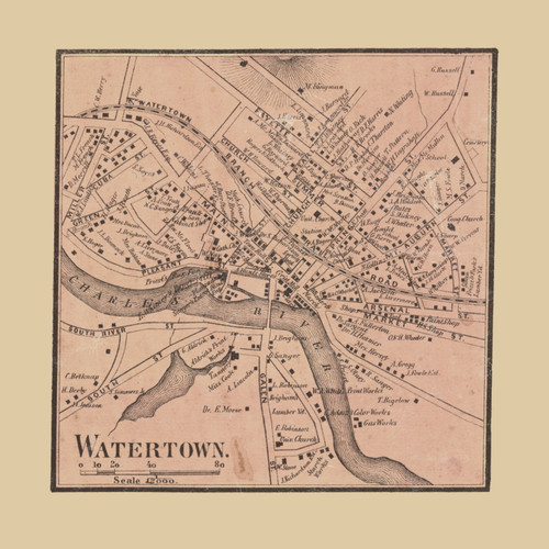 Watertown Village Massachusetts 1856 Old Town Map Custom Print ...