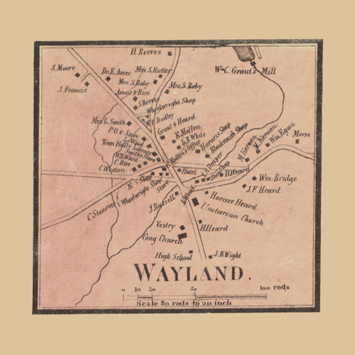Wayland Village Massachusetts 1856 Old Town Map Custom Print ...