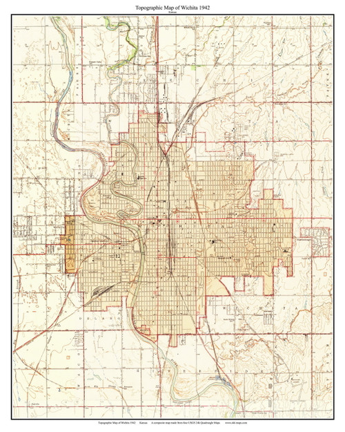 Wichita Closeup 1942 - Custom USGS Old Topo Map - Kansas - OLD MAPS