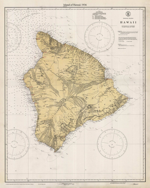 Island of Hawaii 1936 Custom Hawaii Nautical Chart - Hawaiian Islands ...