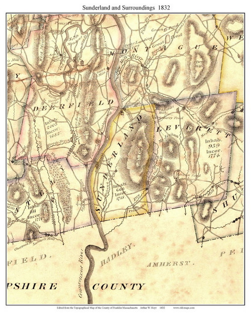 Sunderland, Massachusetts 1832 Old Town Map Custom Print - Franklin Co ...