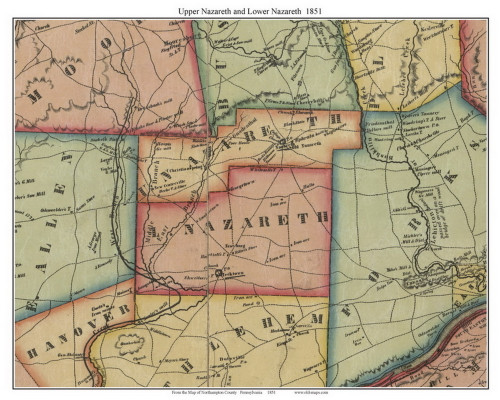 Upper Nazareth and Lower Nazareth Townships, Pennsylvania 1851 Old Town ...