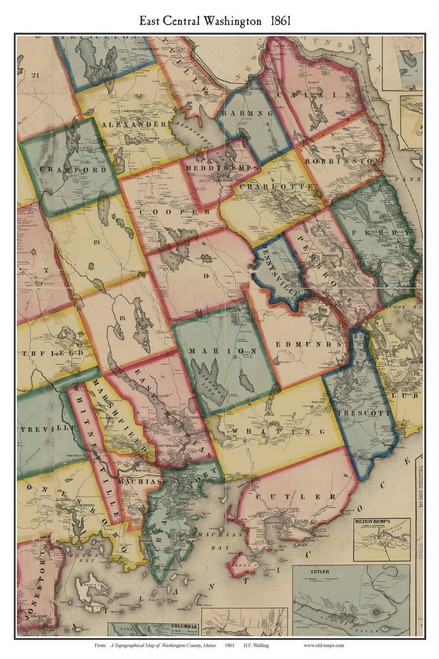 East Central Washington County, Maine 1861 Old Town Map Custom Print ...
