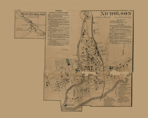 Nicholson and West Nicholson Villages, Pennsylvania 1869 Old Town Map ...