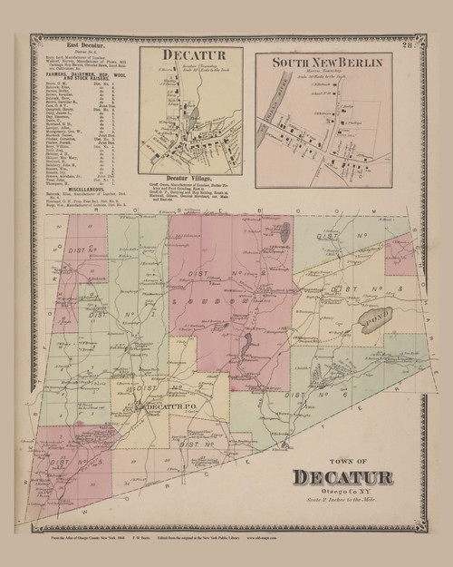 Decatur, South New Berlin #28, New York 1868 Old Map Reprint - Otsego ...