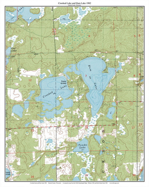 Crooked Lake and Ham Lake 1982 - Custom USGS Old Topo Map - Wisconsin 6 ...