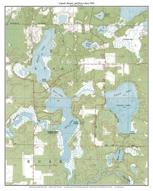 Lipsett and Benoit Lakes 1982 - Custom USGS Old Topo Map - Wisconsin 6 ...