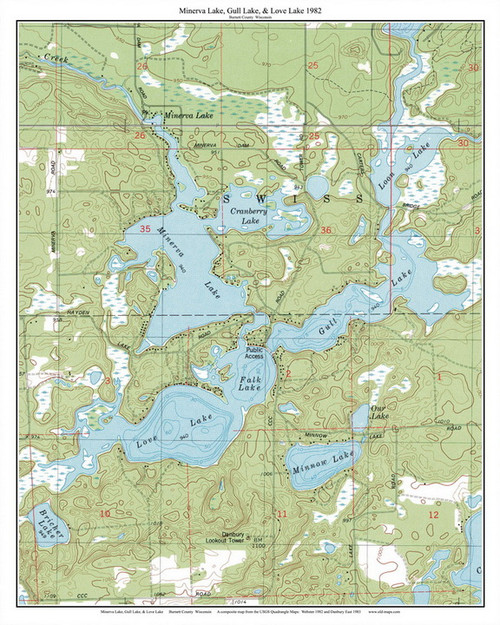 Minerva Lake and Gull Lake 1982 - Custom USGS Old Topo Map - Wisconsin ...