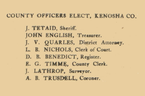Kenosha County Officers, Wisconsin 1873 Old Town Map Custom Print ...
