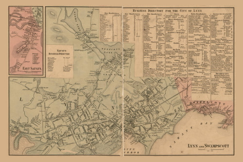 Lynn and Swampscott Villages Massachusetts 1856 Old Town Map Custom ...