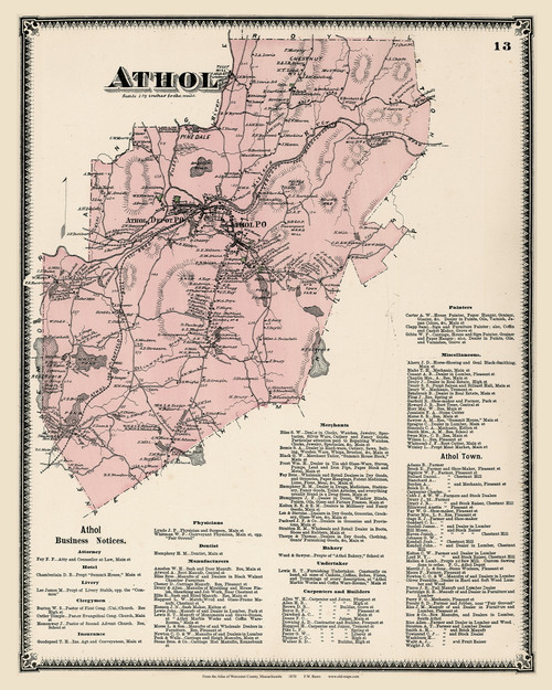 Athol, Massachusetts 1870 Old Map Reprint - Worcester Co. Atlas 13 ...