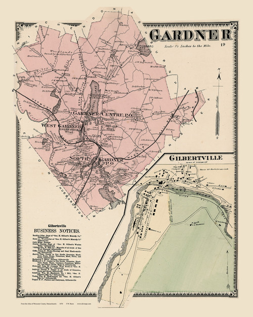 Gardner and Gilbertville Village, Massachusetts 1870 Old Map Reprint ...