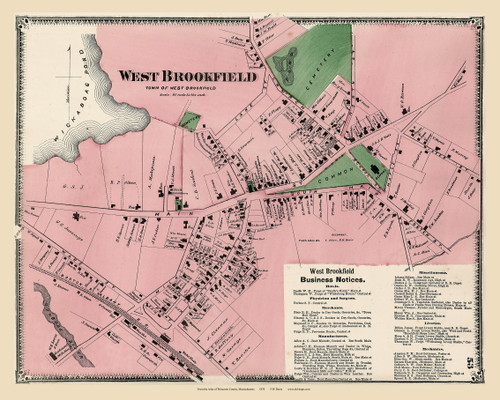 West Brookfield Village, Massachusetts 1870 Old Map Reprint - Worcester ...