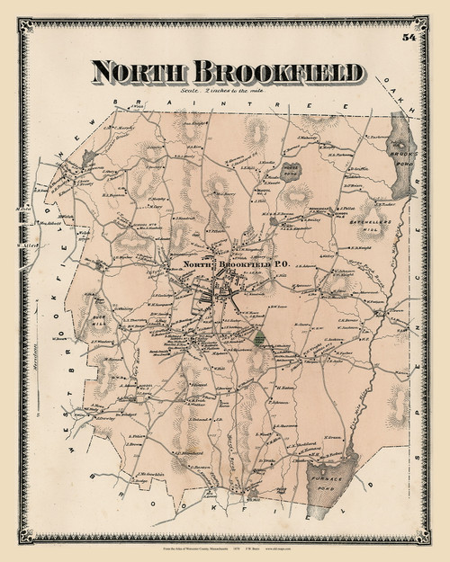 North Brookfield, Massachusetts 1870 Old Map Reprint - Worcester Co ...