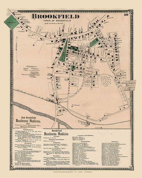Brookfield Village, Massachusetts 1870 Old Map Reprint - Worcester Co ...