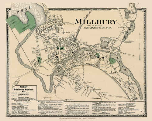 Millbury Village, Massachusetts 1870 Old Map Reprint - Worcester Co ...