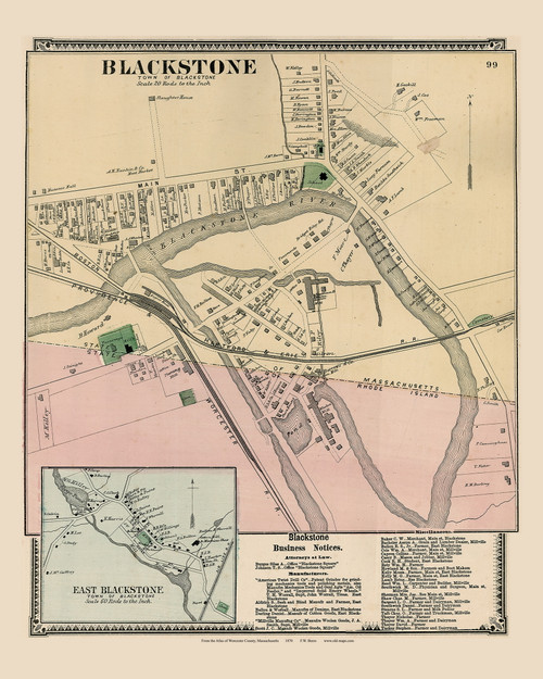 Blackstone and East Blackstone Villages, Massachusetts 1870 Old Map ...