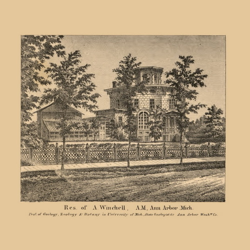 A. Winchell Residence, Ann Arbor, Michigan 1864 Old Town Map Custom ...