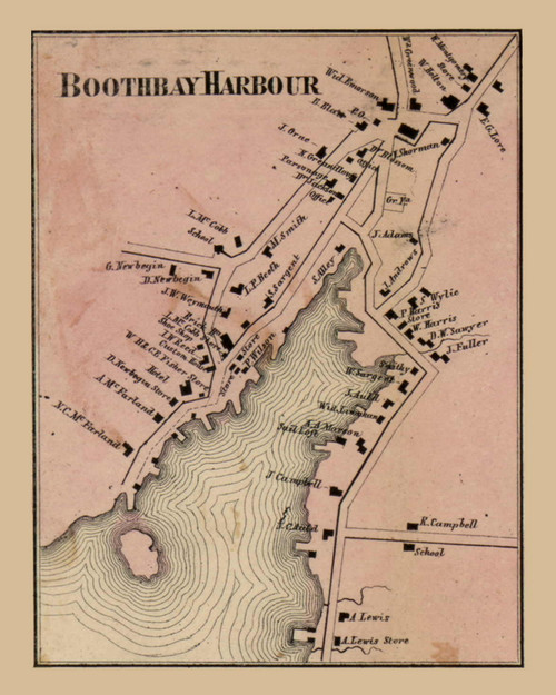 Boothbay Harbor, Maine 1857 Old Town Map Custom Print - Lincoln Co ...