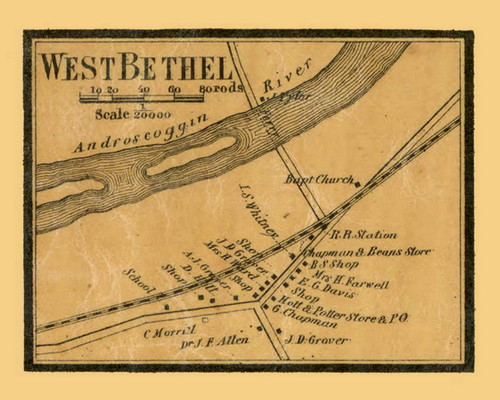 West Bethel Village, Bethel, Maine 1858 Old Town Map Custom Print ...