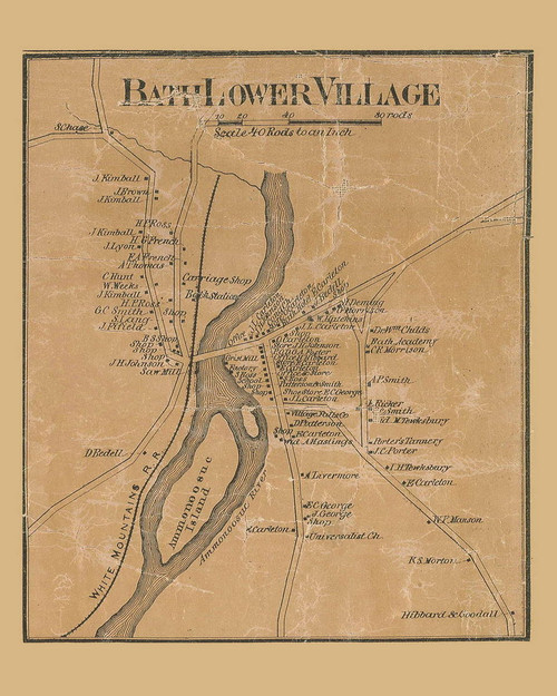 Bath Lower Village, New Hampshire 1860 Old Town Map Custom Print ...