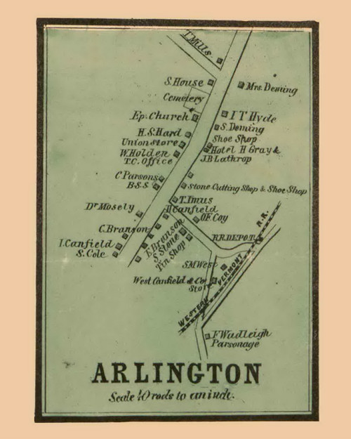 Arlington Village, Vermont 1856 Old Town Map Custom Print - Bennington ...