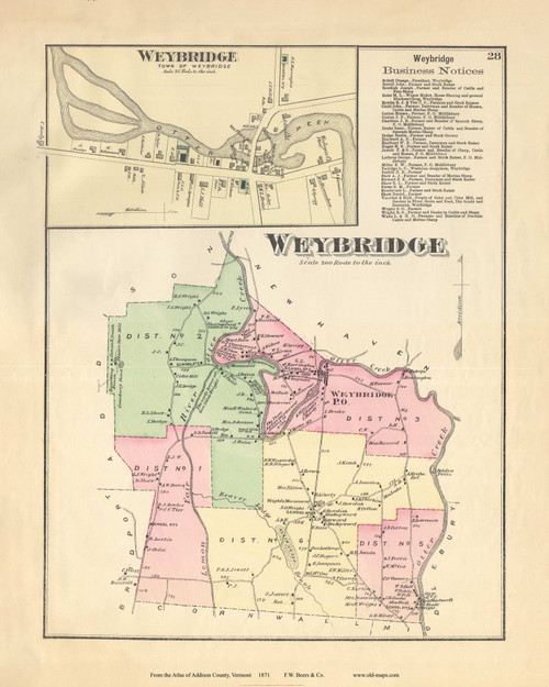 Weybridge and Weybridge Village, Vermont 1871 Old Town Map Reprint ...