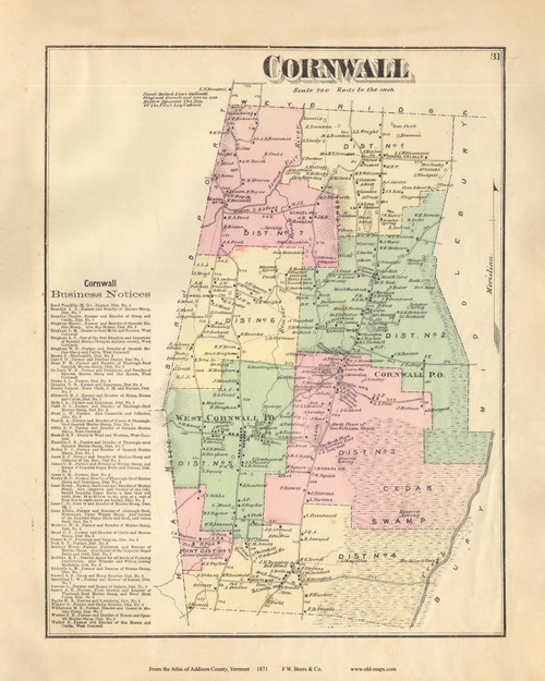 Cornwall, Vermont 1871 Old Town Map Reprint - Addison Co. 31 - OLD MAPS